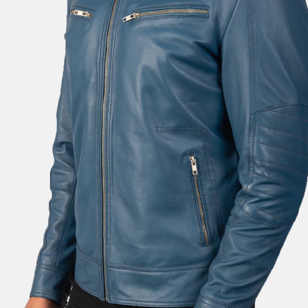 Men’s Blue Biker Leather Jacket – Stylish, Durable & Road-