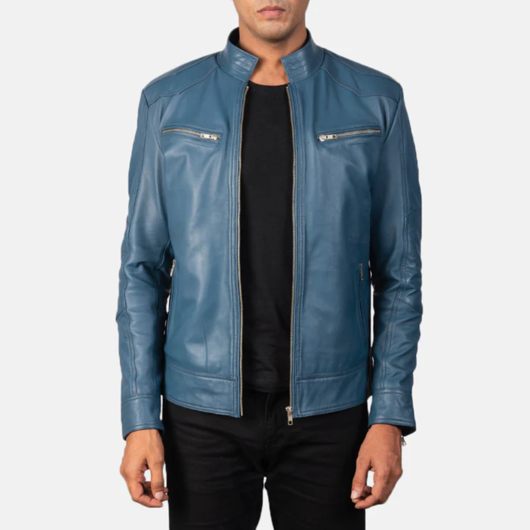 Men’s Blue Biker Leather Jacket – Stylish, Durable & Road-